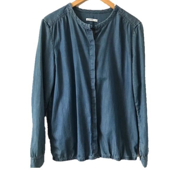 GAP | Tops | Gap 969 Chambray Denim Collarless Button Down Shirt Blouse Xs | Poshmark